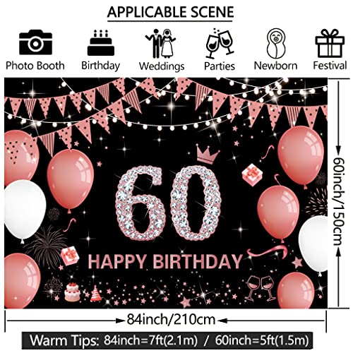 ASOONYUM 7x5ft Happy 60th Birthday Backdrop for Women Adult Rose Glitter Gold Balloon Background for Photography Sixty Birthday Black Gold Party Backdrops Diamond Photo Booth Banner