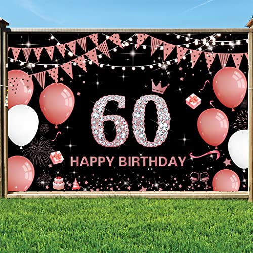 ASOONYUM 7x5ft Happy 60th Birthday Backdrop for Women Adult Rose Glitter Gold Balloon Background for Photography Sixty Birthday Black Gold Party Backdrops Diamond Photo Booth Banner