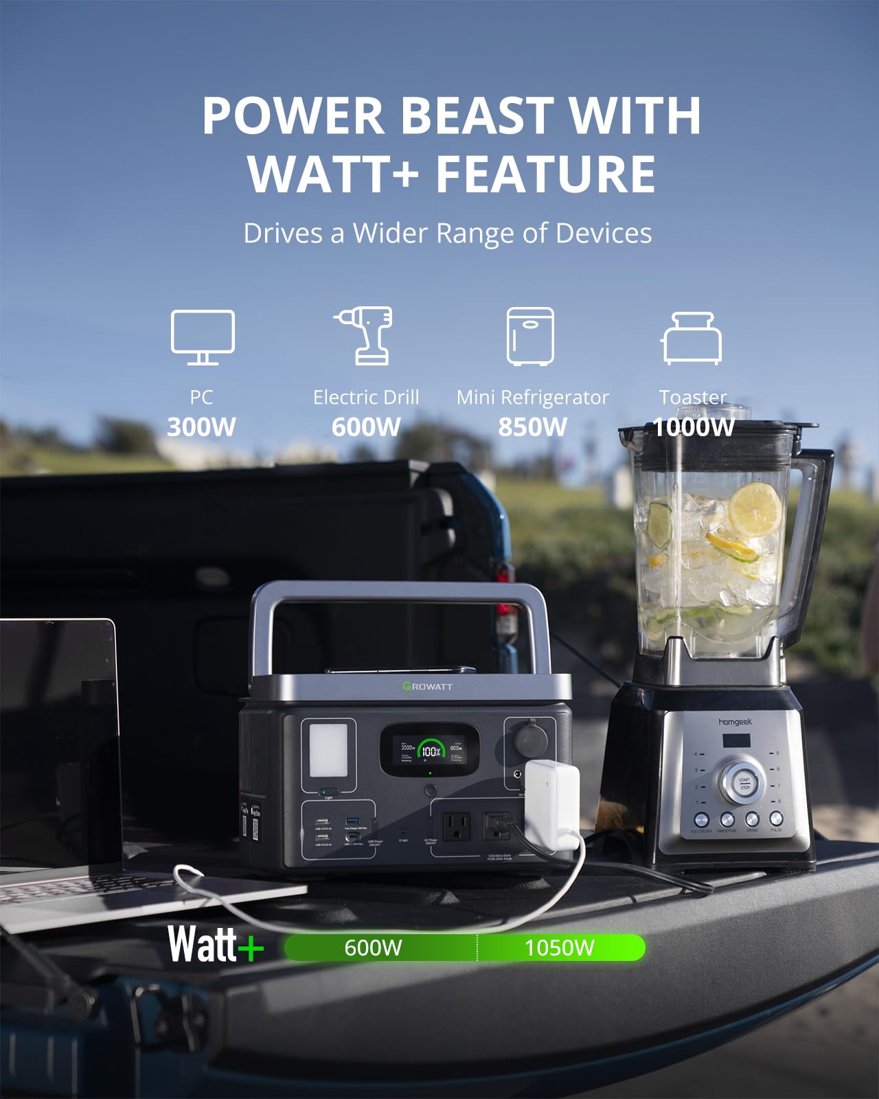 GROWATT Portable Power Station Generators: VITA550 Solar Generator (Solar Panel Optional) with 538Wh LiFePO4 Battery,1 Hour Fast Charging, 600W (1200W Surge) Output for Outdoor Camping/RVs/Home Use