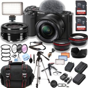 sony zv-e10 mirrorless camera with 16-50mm lens + 2pcs 64gb memory + led video light + case+ tripod + steady grip pod + filters + macro + 2x lens + 2x batteries + more (40pc bundle) (renewed)