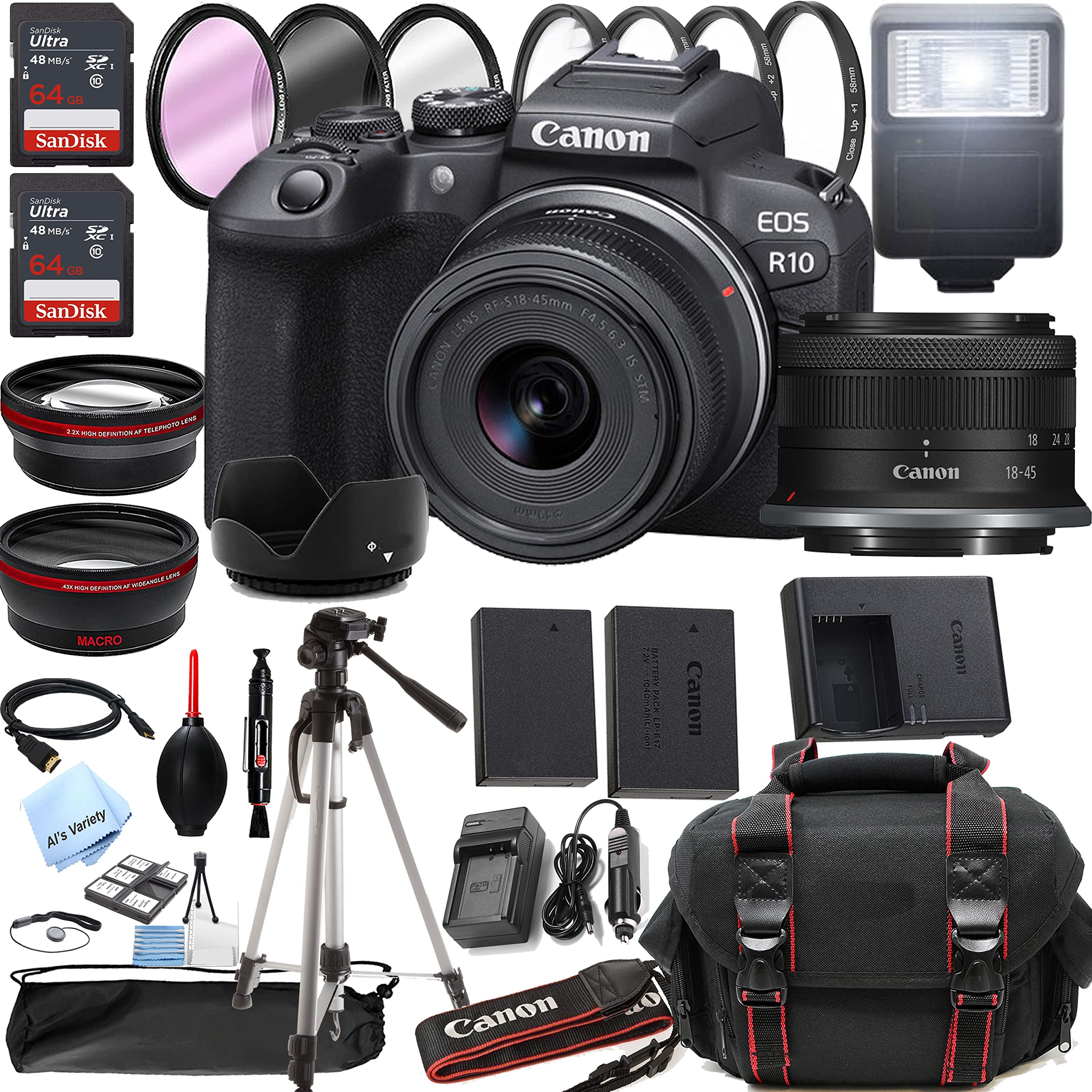 Canon EOS R10 Mirrorless Digital Camera with RF-S 18-45mm f/4.5-6.3 is STM Lens + 128GB Memory + Case + Tripod + Filters (38pc Bundle) (Renewed)