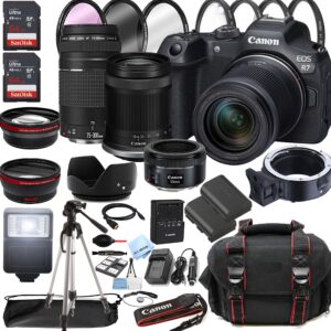 canon eos r7 mirrorless digital camera with rf-s 18-150mm f/3.5-6.3 is stm lens + 75-300mm f/4-5.6 iii lens + 50mm f/1.8 stm lens + 128gb memory + case + tripod + filters (43pc bundle) (renewed)