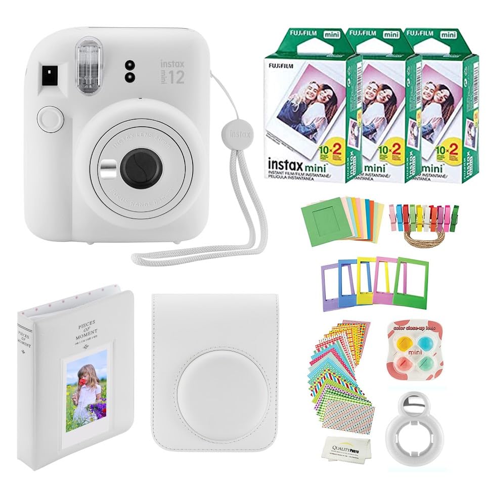 Fujifilm Instax Mini 12 Instant Camera with Case, 60 Fujifilm Prints, Decoration Stickers, Frames, Photo Album and More Accessories (Clay White)