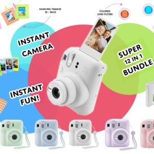 Fujifilm Instax Mini 12 Instant Camera with Case, 60 Fujifilm Prints, Decoration Stickers, Frames, Photo Album and More Accessories (Clay White)