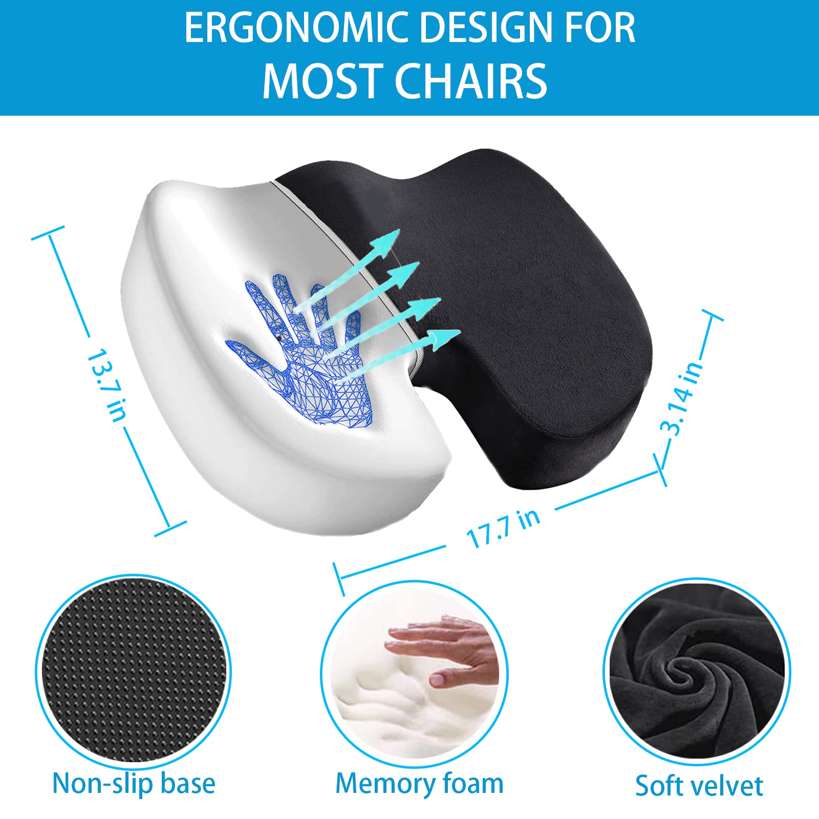 KRUNSHM Seat Cushion, Office Chair Cushions car seat Cushion for Car Long Sitting, Ergonomic Non-Slip Memory Foam Cushion for Back, Coccyx, Tailbone Pain Relief