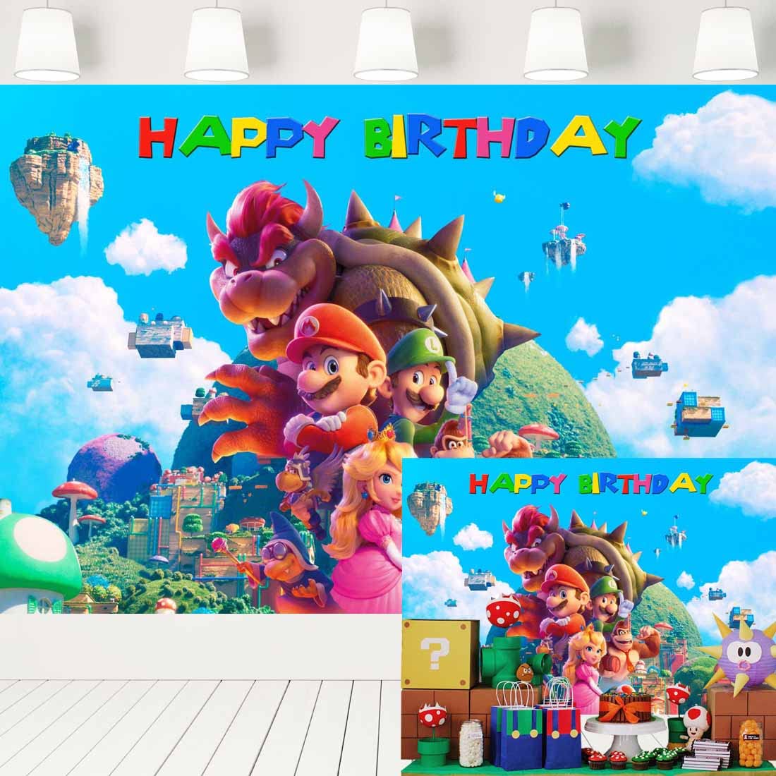 Super Mario Movie Backdrop for Birthday Party Video Game Blue Sky Background Kids Mario Bros Party Supplies Cake Table Banner 7x5 ft 430