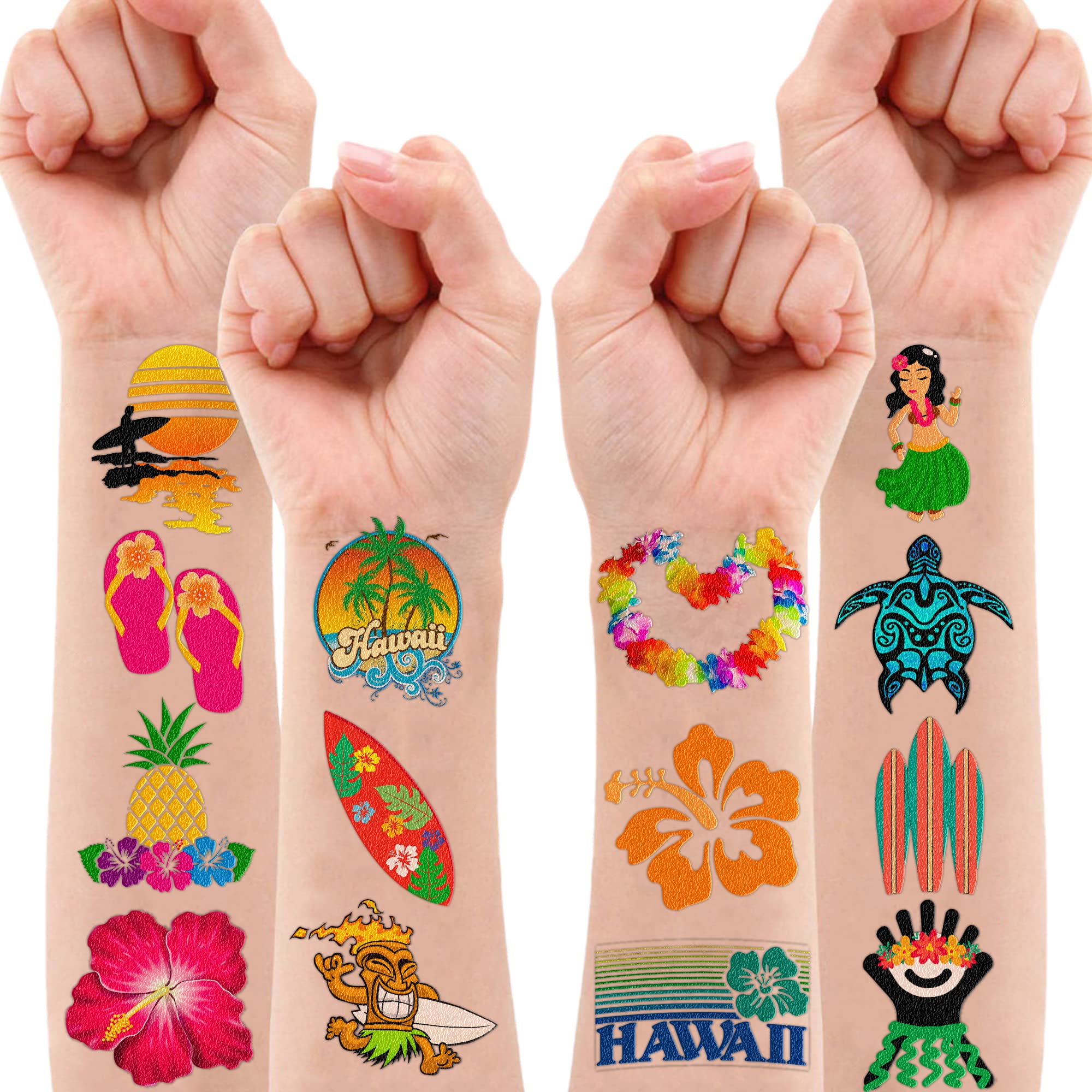 Hawaiian Luau Tattoos Temporary Theme Birthday Party Decorations Supplies Favors Decor Cute Summer Beach Tattoo Stickers 8 Sheets 96 PCS Gifts for Kids Girls Boys Classroom Rewards Carnival Christmas