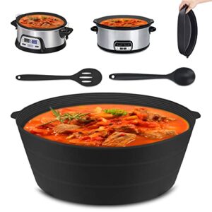 silicone slow cooker liners, selftek reusable liner fits crock-pot &hamilton beach 7-8 qt oval, foldable, leakproof dishwasher safe cooking insert includes spoon - black 1set