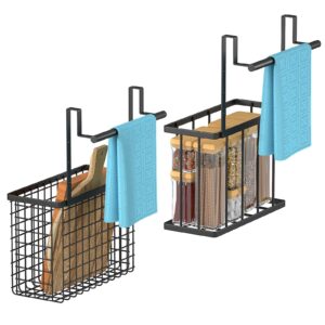 inureye 2 pack cabinet door organizer, kitchen wall mount storage basket, cutting board organizer with towel bar, over the cabinet door organizer with towel rack black