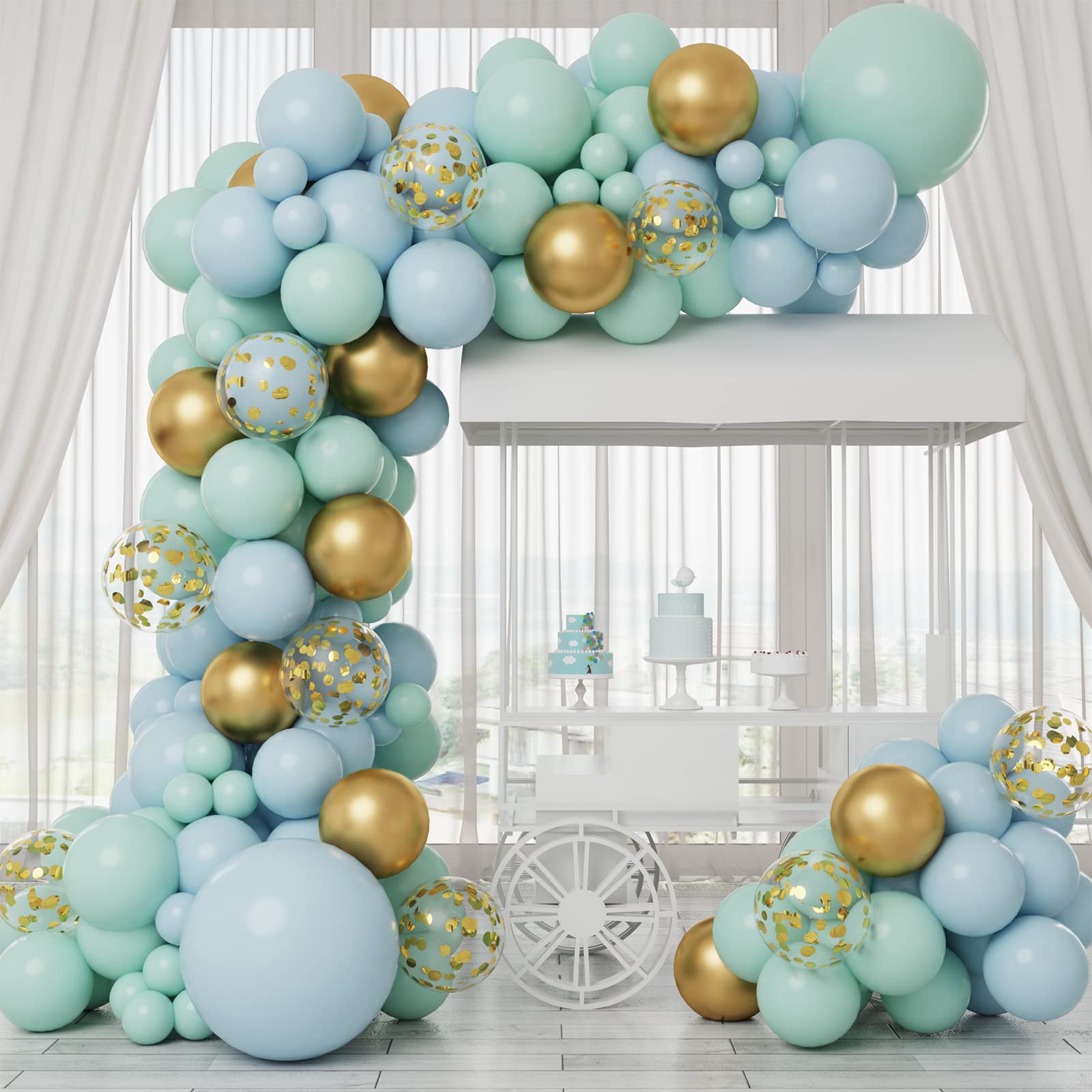 RUBFAC 124pcs Mint Green and Blue Balloon Garland Kit, Mint Green Blue Gold Confetti Latex Balloons for Wedding Bridal Baby Shower Birthday Party Decoration