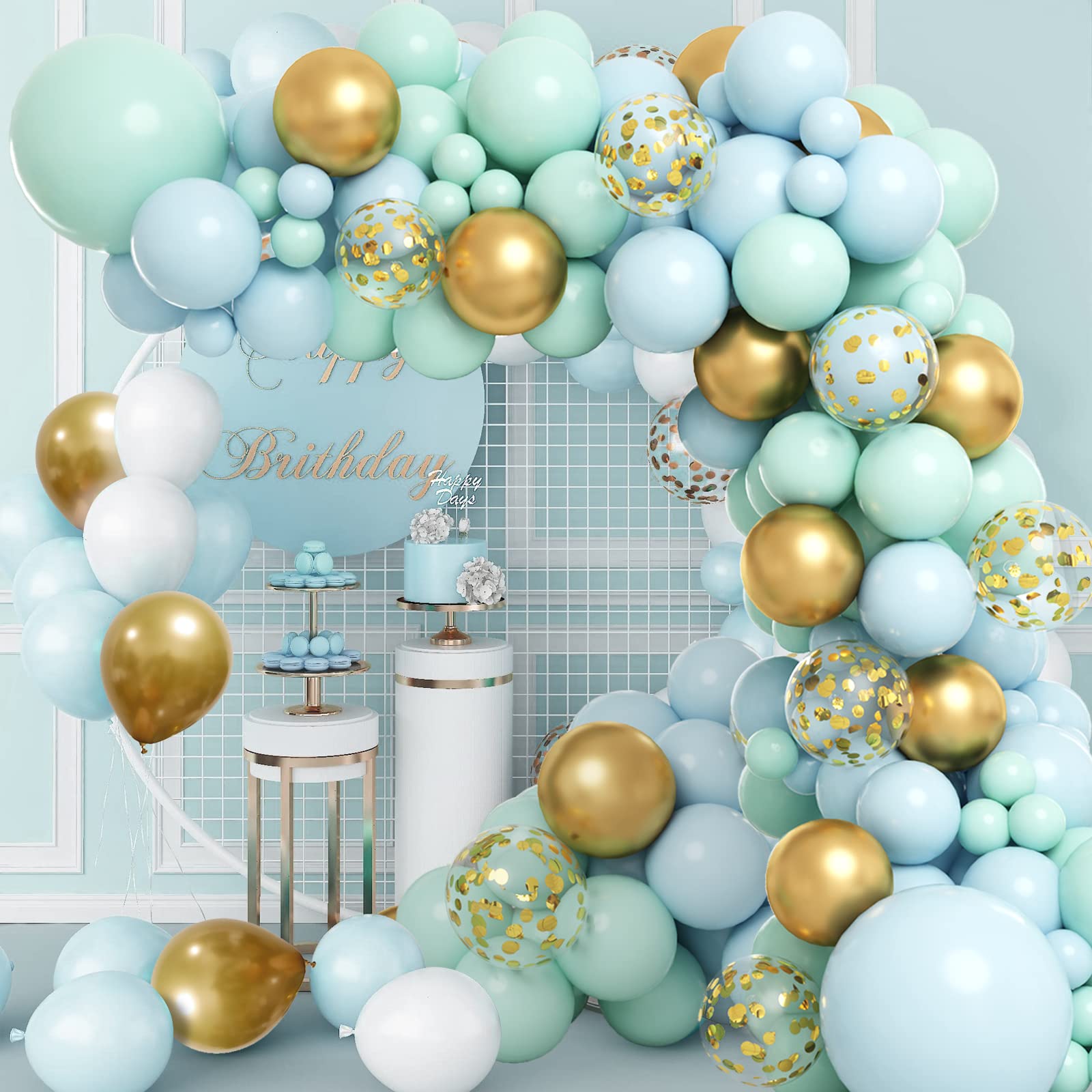 RUBFAC 124pcs Mint Green and Blue Balloon Garland Kit, Mint Green Blue Gold Confetti Latex Balloons for Wedding Bridal Baby Shower Birthday Party Decoration