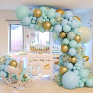 RUBFAC 124pcs Mint Green and Blue Balloon Garland Kit, Mint Green Blue Gold Confetti Latex Balloons for Wedding Bridal Baby Shower Birthday Party Decoration