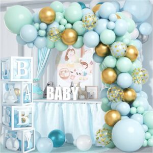 RUBFAC 124pcs Mint Green and Blue Balloon Garland Kit, Mint Green Blue Gold Confetti Latex Balloons for Wedding Bridal Baby Shower Birthday Party Decoration