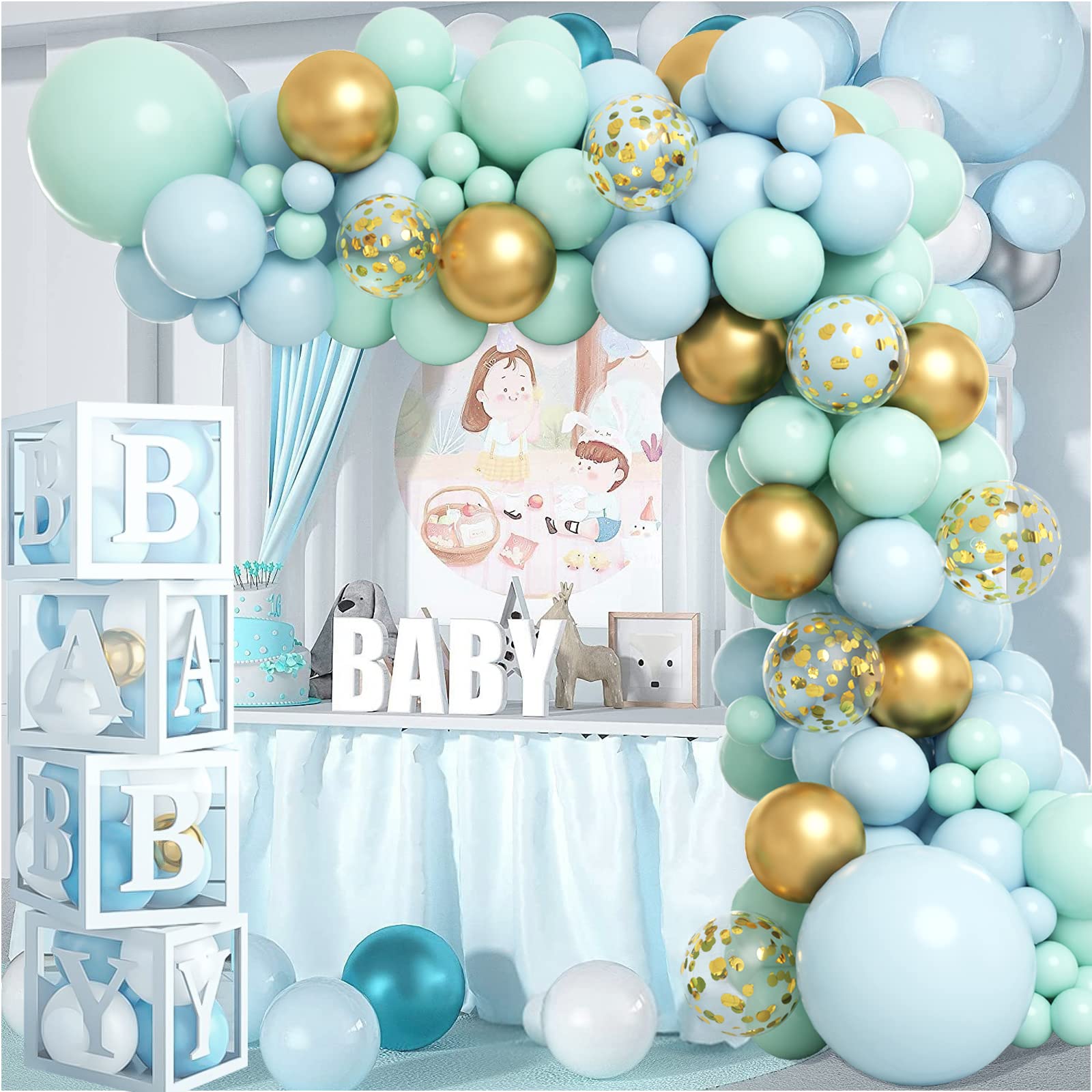 RUBFAC 124pcs Mint Green and Blue Balloon Garland Kit, Mint Green Blue Gold Confetti Latex Balloons for Wedding Bridal Baby Shower Birthday Party Decoration