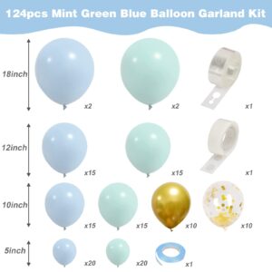 RUBFAC 124pcs Mint Green and Blue Balloon Garland Kit, Mint Green Blue Gold Confetti Latex Balloons for Wedding Bridal Baby Shower Birthday Party Decoration