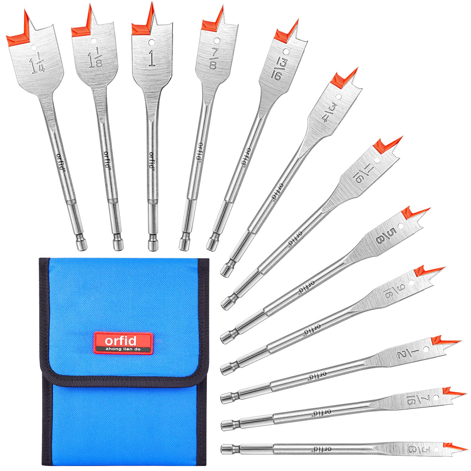 12 Pcs Spade Drill Bit Set - Carbon Steel Paddle Flat Bit with Quick Change Shank for Hole Cutter Woodworking,Portable Nylon Storage Pouch Included