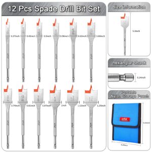 12 Pcs Spade Drill Bit Set - Carbon Steel Paddle Flat Bit with Quick Change Shank for Hole Cutter Woodworking,Portable Nylon Storage Pouch Included