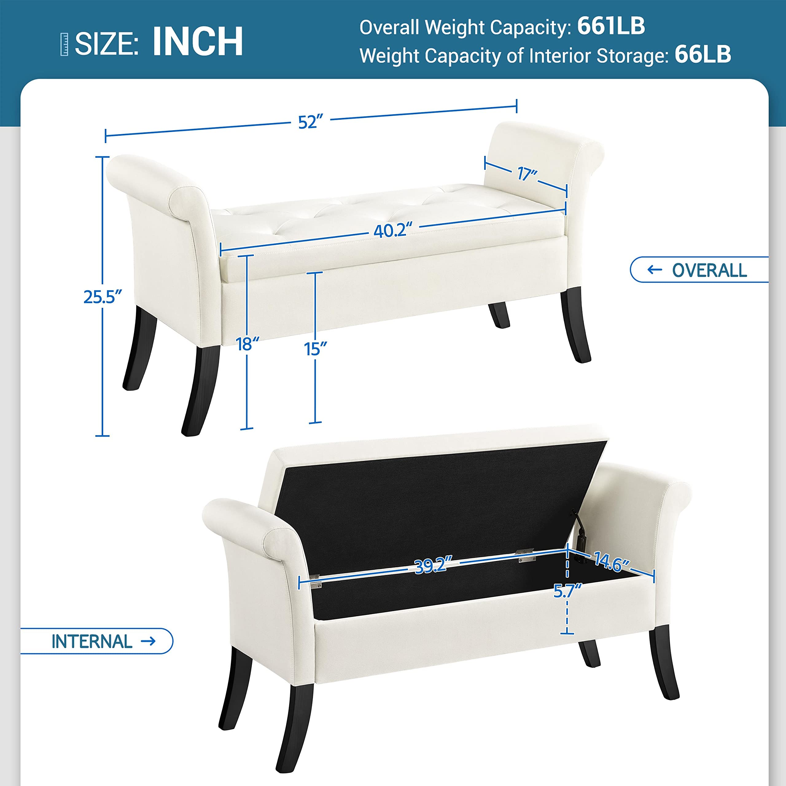 Yaheetech 52in Storage Ottoman Bench for Living Room Tufted Entryway Couch Settee with Arms Footstool Large Storage Chest with 66lb Storage Space, 2PCS Fresh White