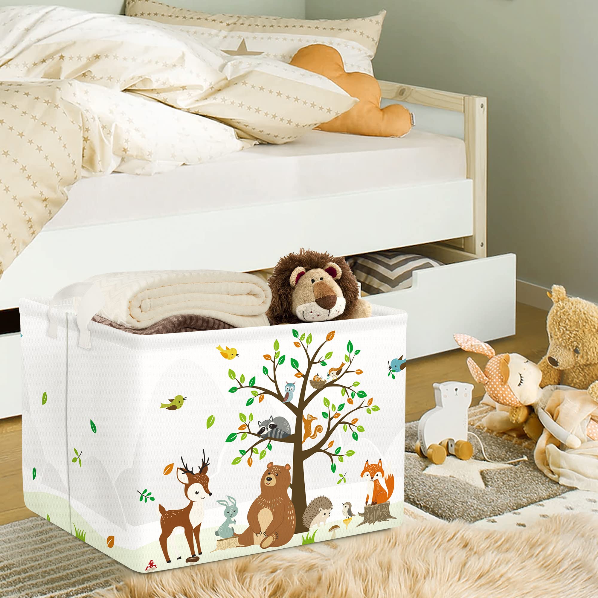 Clastyle Woodland Animals Bear Fox Raccoon Tree Baby Gift Storage Basket Deer Owl Collapsible Rectangular Shelf Basket Toy Book Clothes Towel Storage Bin for Nursery