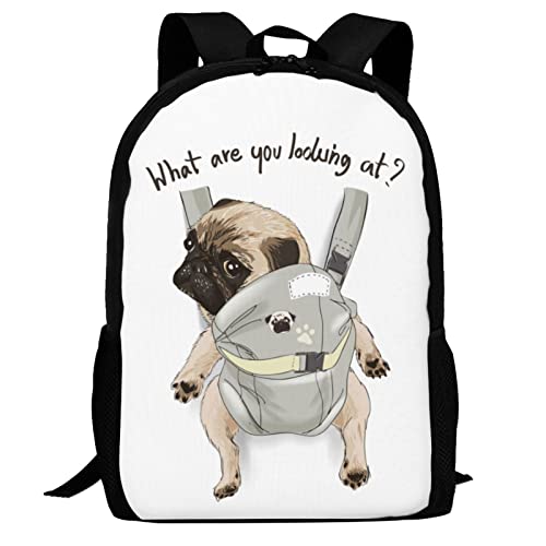 FREE LION Kids Pug Dog Backpack for Boys Girls Funny Pug in Back Carrier Bookbags Elementary Middle High School Bag Large Capacity 17 inch Big Student Backpack for School & Travel