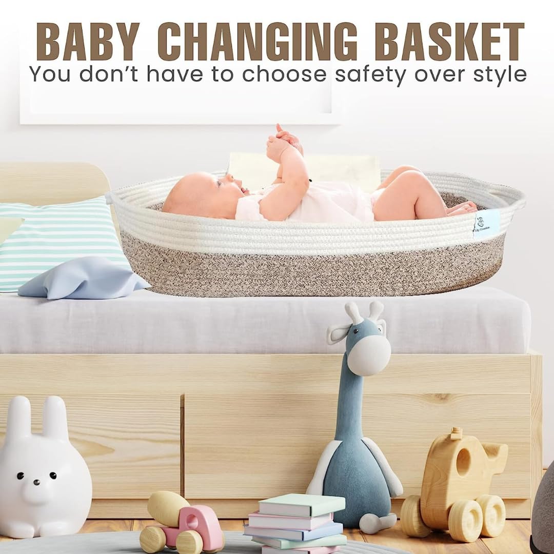 Diaper Changing Basket - Shelf Basket Extra Large in Size - Cotton Rope Changing Table Topper Changing Pad for Dresser, Thick Foam Pad with Removable Cover, Changing Table - Diaper Changing Pad