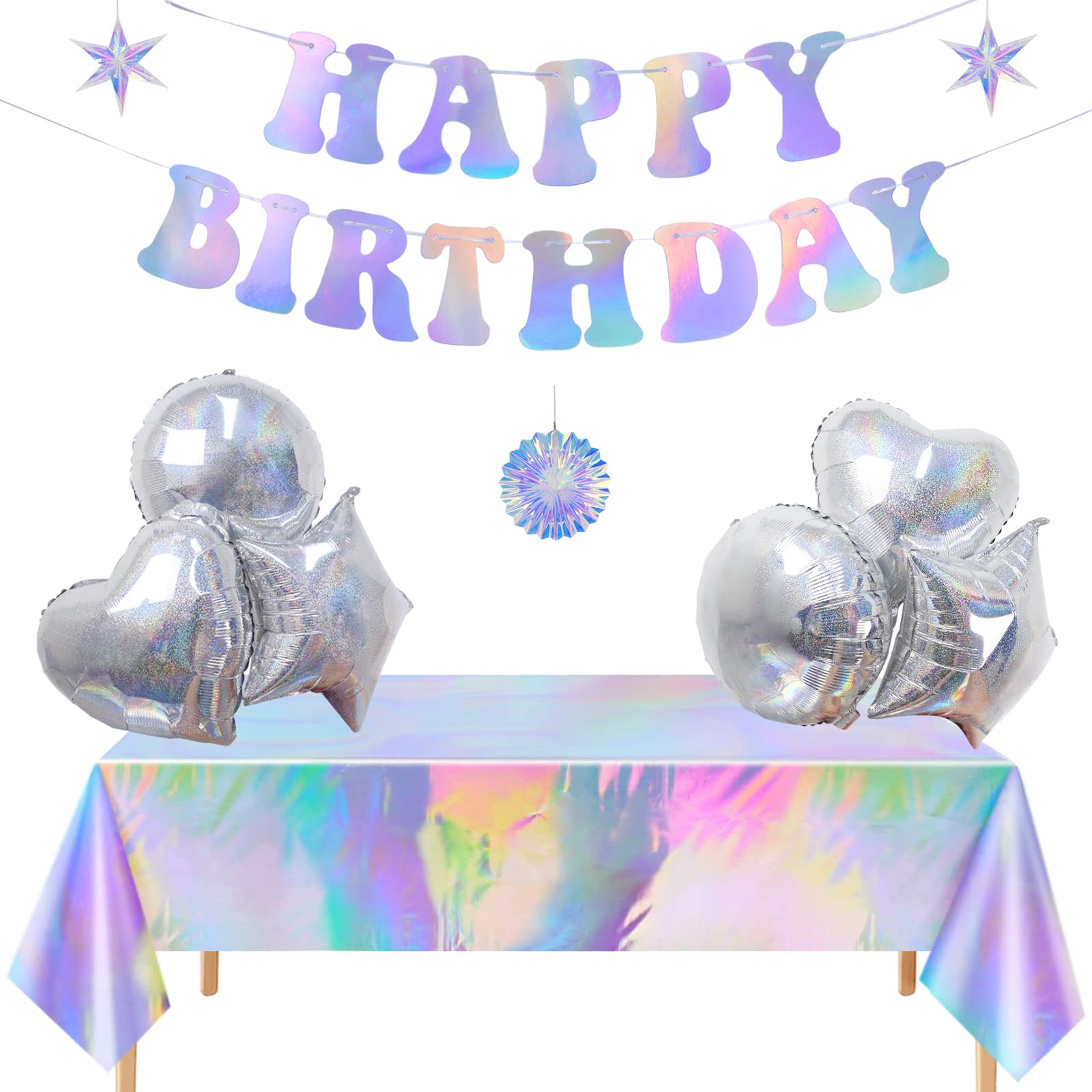 UNICORN ELEMENT Iridescent Birthday Decoration Set - with Iridescent Happy Birthday Banners, Ornaments, Cake Topper, Balloons and Tablecloth for Kids Adult Iridescent Birthday Party Supplies