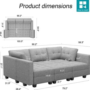 Belffin Convertible Sectional Sleeper Sofa Bed Modular Sofa Sleeper Couch Set with Storage Seat Modular Sectional Couch Bed Light Grey