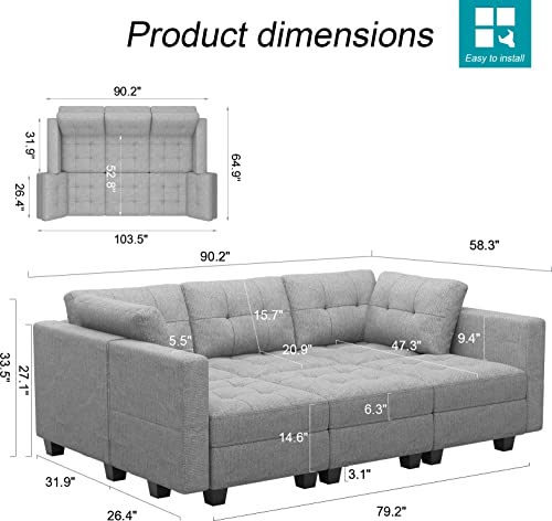 Belffin Convertible Sectional Sleeper Sofa Bed Modular Sofa Sleeper Couch Set with Storage Seat Modular Sectional Couch Bed Light Grey