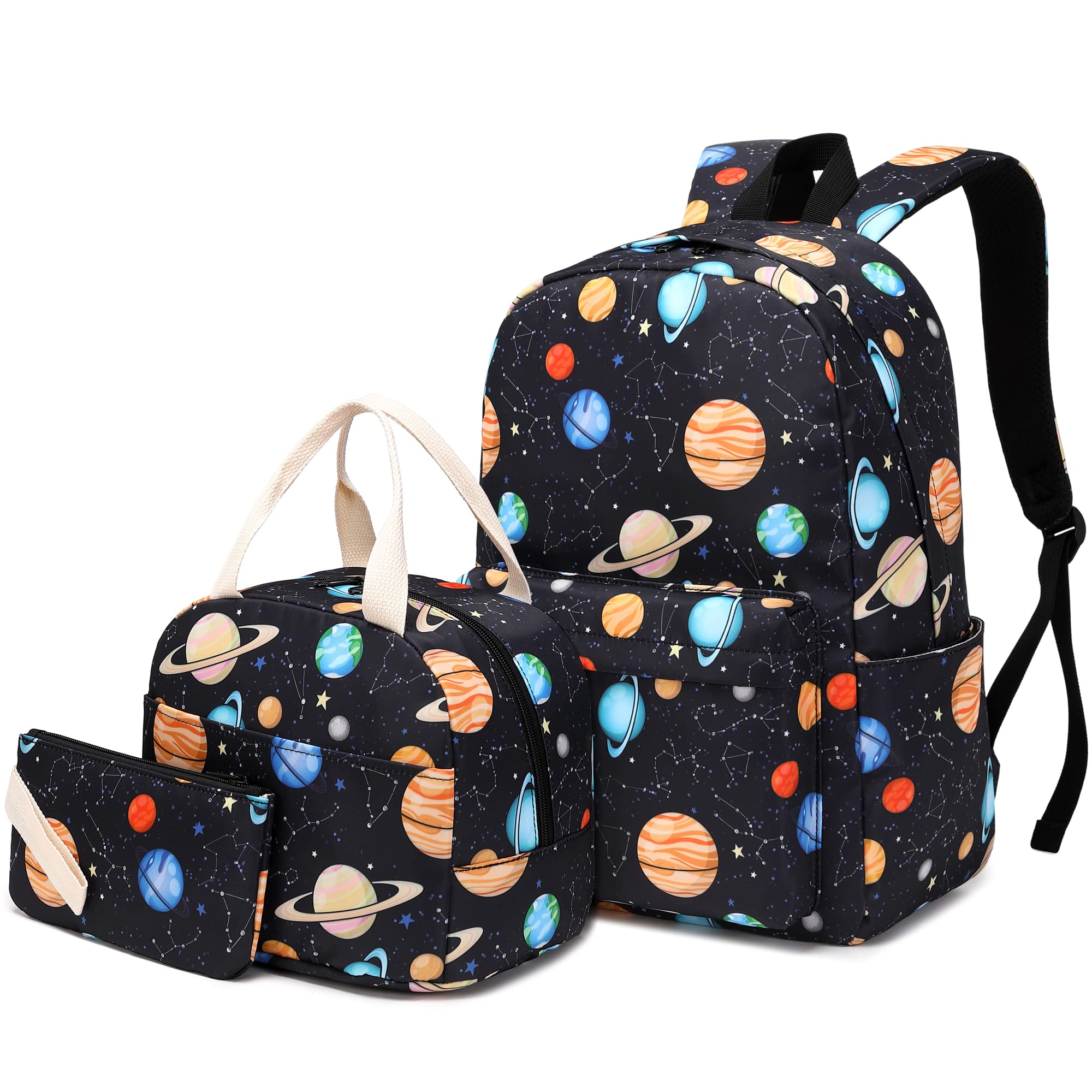 Yusudan Planets Girls School Backpack, 3 in 1 Set Kids Teens School Bag Bookbag with Lunch Bag Pencil Case