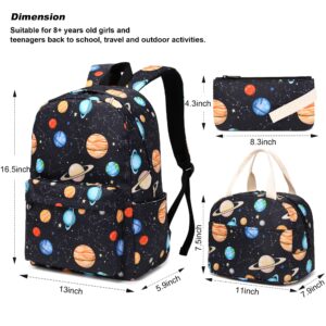 Yusudan Planets Girls School Backpack, 3 in 1 Set Kids Teens School Bag Bookbag with Lunch Bag Pencil Case