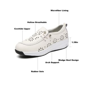 Women's Flower Shaped Cutout Leather Sneakers with Arch Support,Thick Sole Wedge Soft Elastic Comfortable Slip-On Loafers Casual Walking Shoes (Grey,7.5)