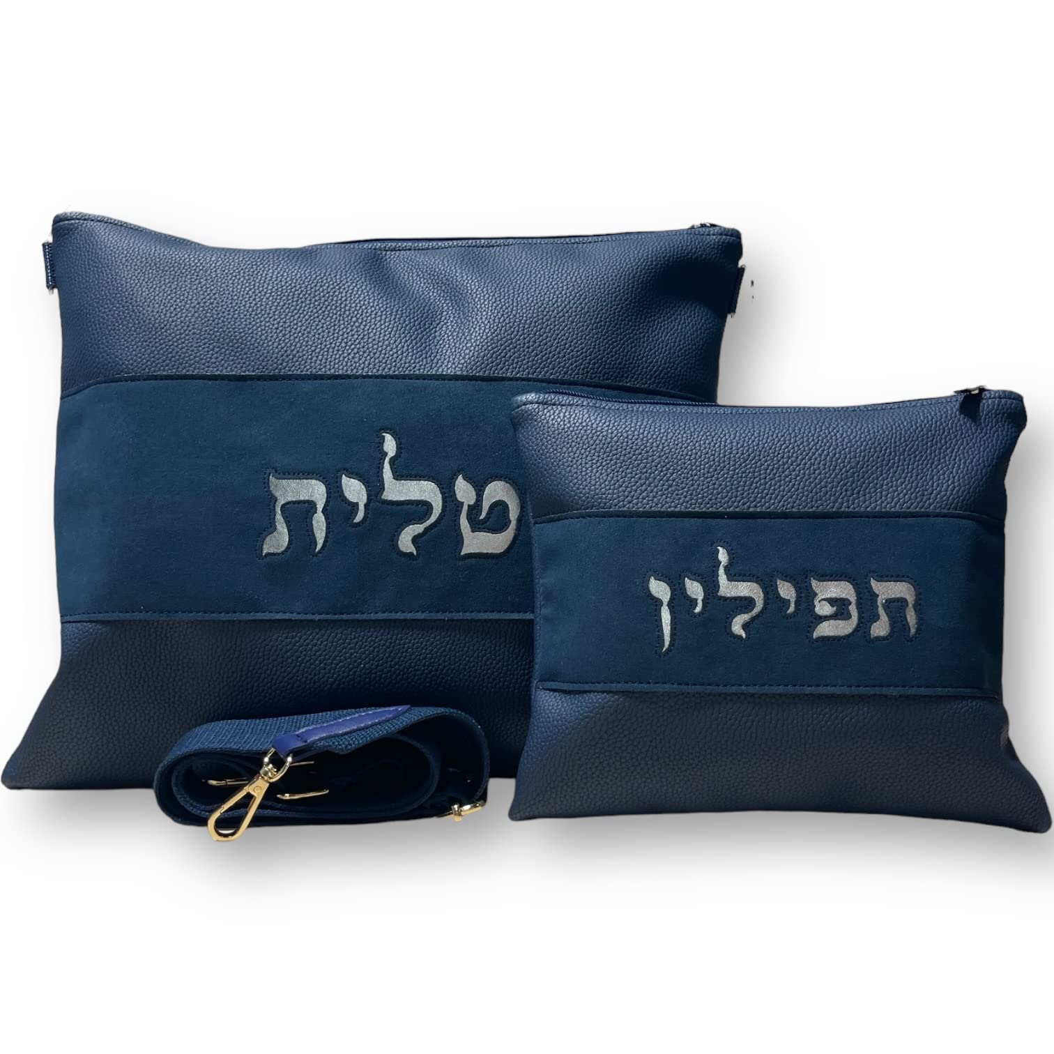 XL Vinyl and Suede Talit and Tefillin Bags with Strap - Perfect for Travel and Everyday Use (Navy Blue w Suede)