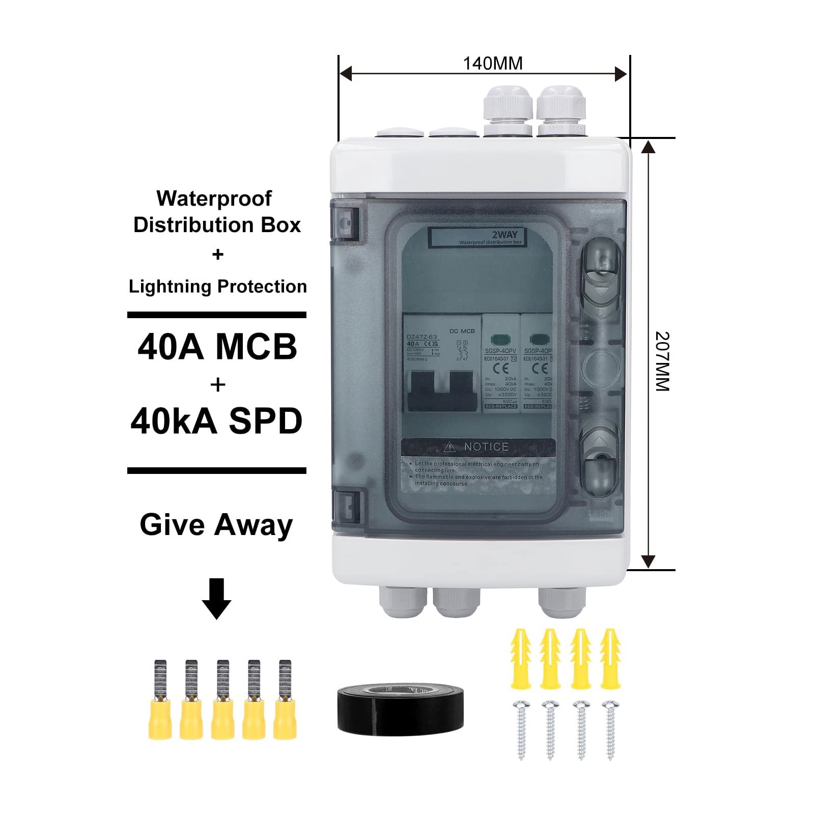 2 String PV Combiner Box IP65 Waterproof Solar Disconnect Switch with 40A Circuit Breaker 1000V for Solar Panels