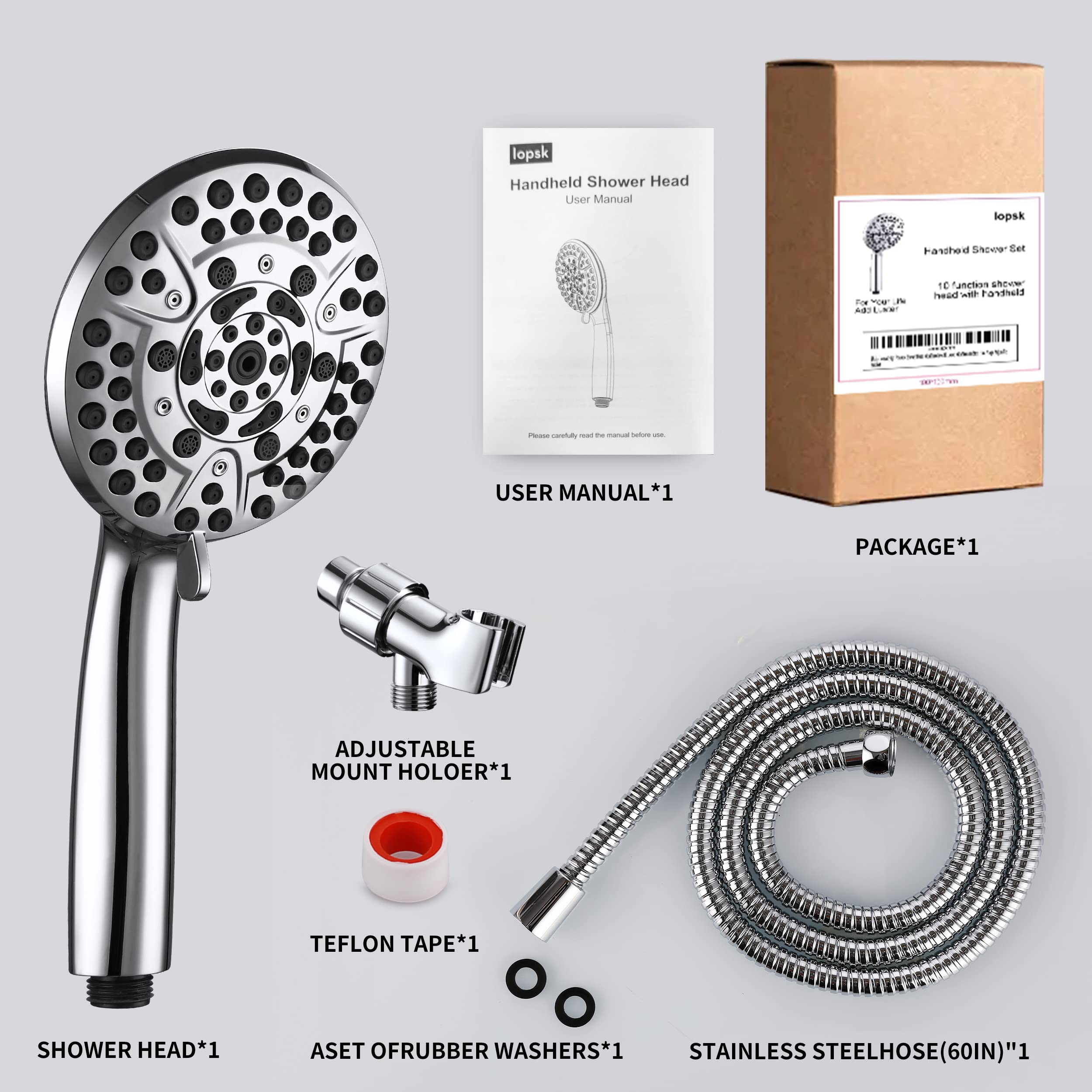 Iopsk High Pressure Shower Head with Handheld,10 Spray Settings Detachable Handheld Shower Head, Hand Held Rain Showerhead with 60 Inch Stainless Steel Hose and Adjustable Bracket(Chrome)