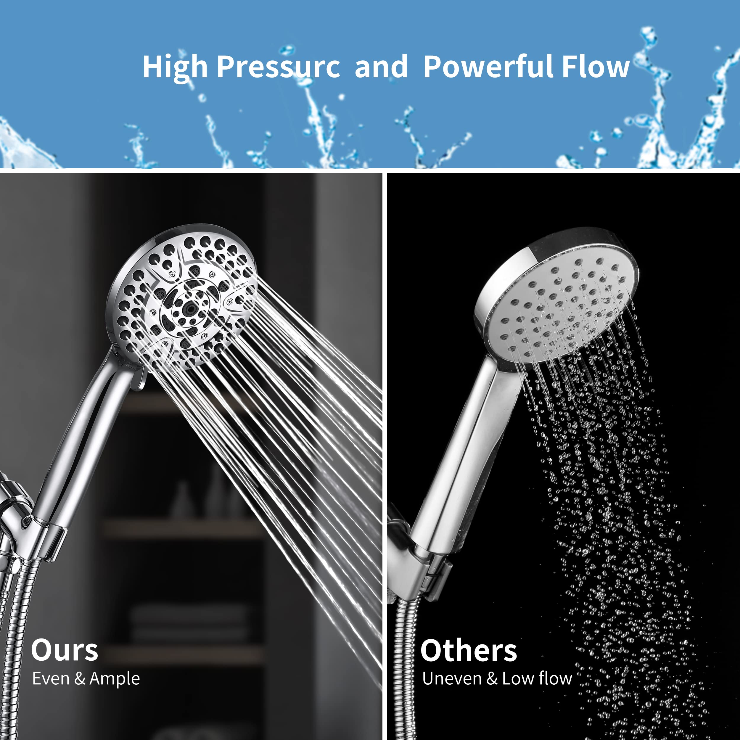 Iopsk High Pressure Shower Head with Handheld,10 Spray Settings Detachable Handheld Shower Head, Hand Held Rain Showerhead with 60 Inch Stainless Steel Hose and Adjustable Bracket(Chrome)