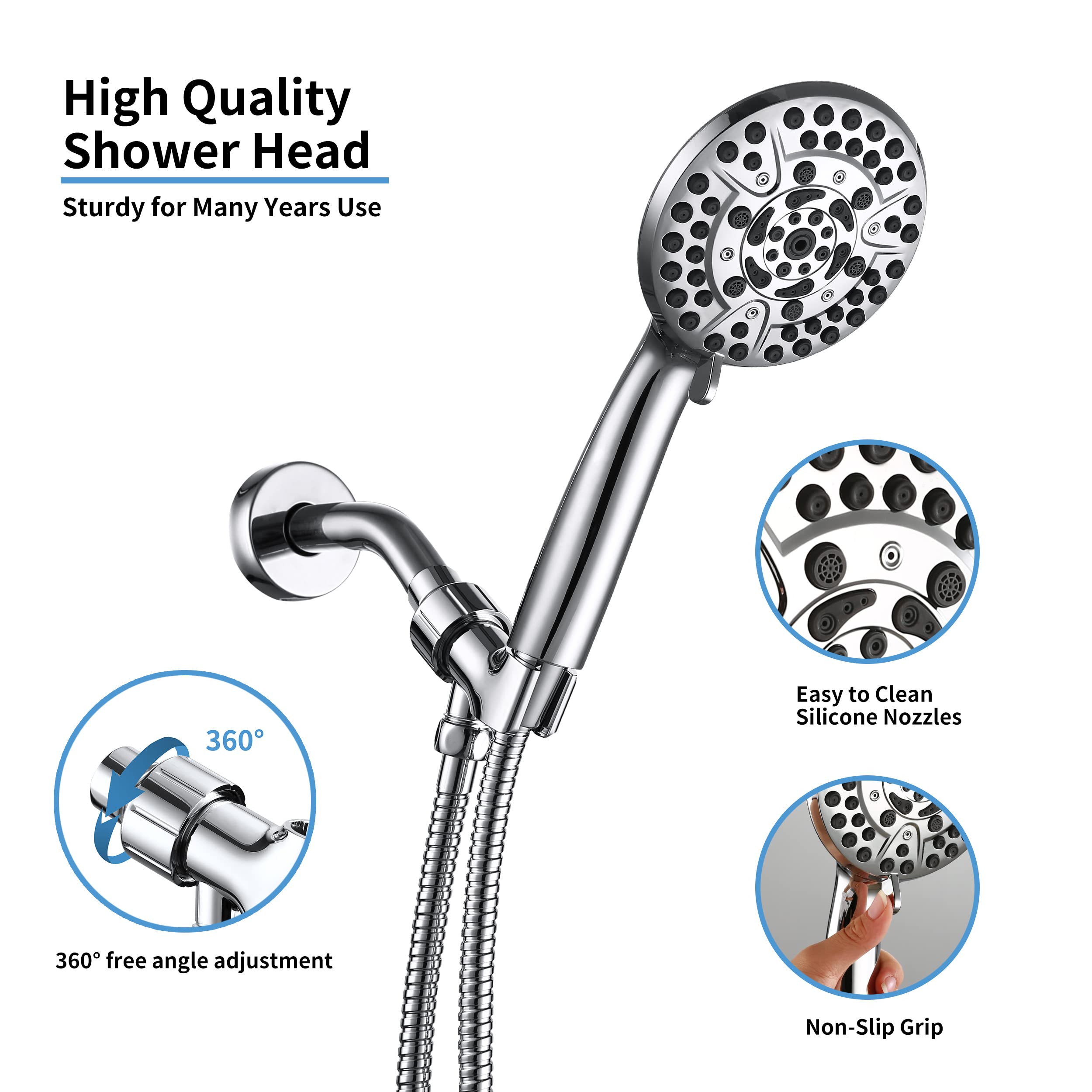 Iopsk High Pressure Shower Head with Handheld,10 Spray Settings Detachable Handheld Shower Head, Hand Held Rain Showerhead with 60 Inch Stainless Steel Hose and Adjustable Bracket(Chrome)