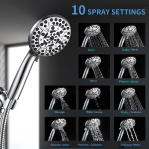 Iopsk High Pressure Shower Head with Handheld,10 Spray Settings Detachable Handheld Shower Head, Hand Held Rain Showerhead with 60 Inch Stainless Steel Hose and Adjustable Bracket(Chrome)