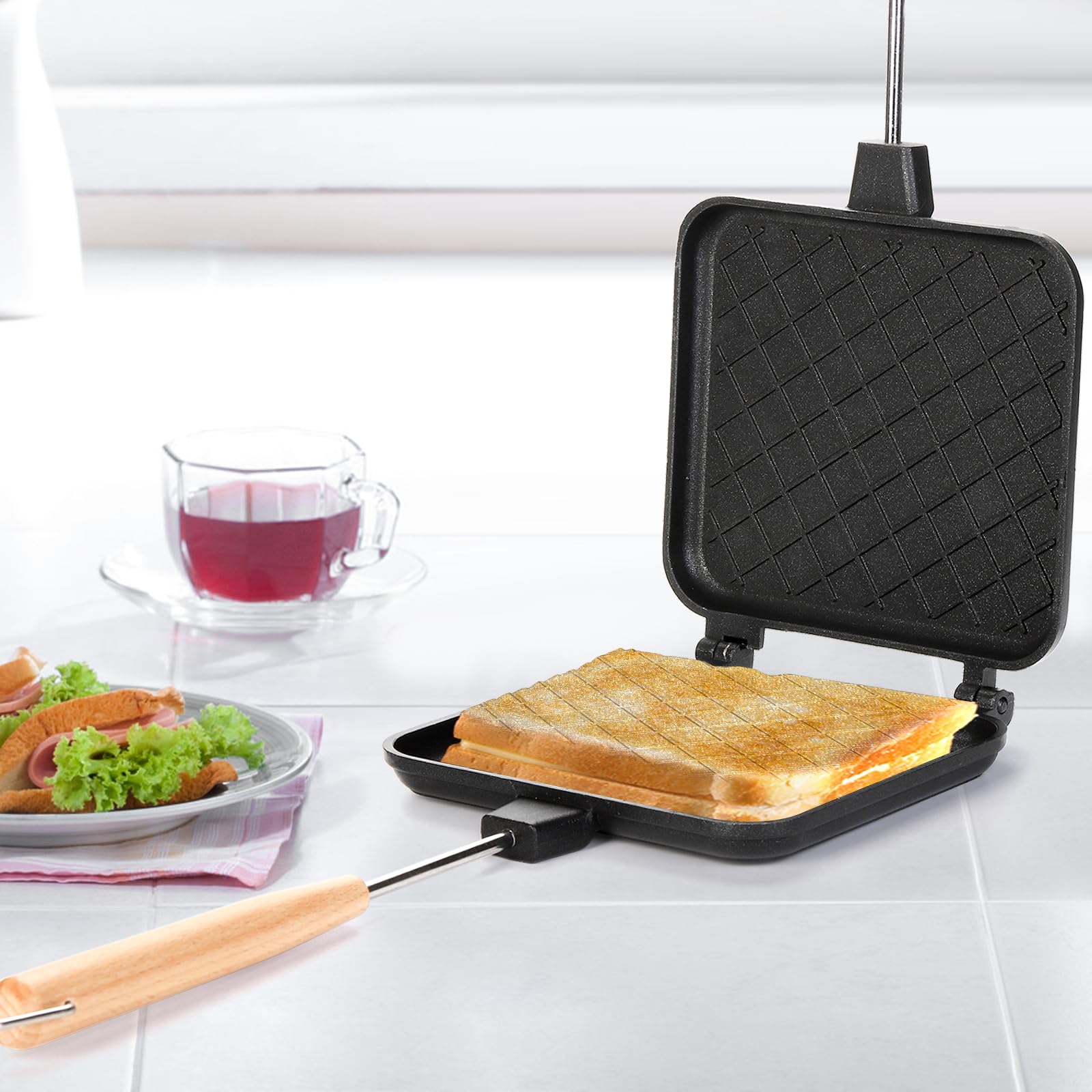 Pumtus Hot Sandwich Maker, Non-stick Grilled Panini Maker Pan with Handle, Stovetop Camping Sandwich Toaster Aluminum Flip Pan for Toast, Waffle, Breakfast