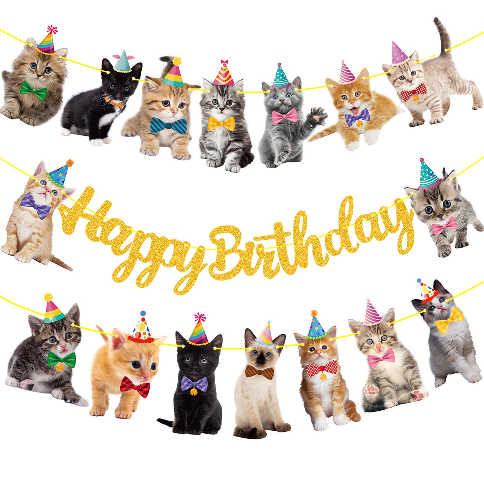 Cat Birthday Banner Decorations Kitten Birthday Party Decorations Supplies Gold Glitter Cat Happy Birthday Banner Decorations for Pet Kitten Theme Birthday Party Bunting Decorations Supplies