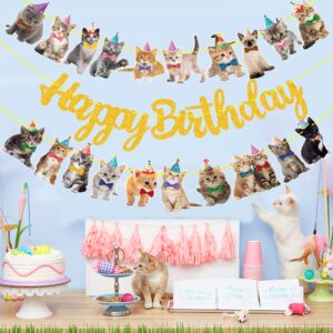 Cat Birthday Banner Decorations Kitten Birthday Party Decorations Supplies Gold Glitter Cat Happy Birthday Banner Decorations for Pet Kitten Theme Birthday Party Bunting Decorations Supplies