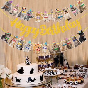 Cat Birthday Banner Decorations Kitten Birthday Party Decorations Supplies Gold Glitter Cat Happy Birthday Banner Decorations for Pet Kitten Theme Birthday Party Bunting Decorations Supplies