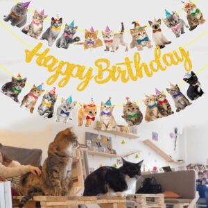 Cat Birthday Banner Decorations Kitten Birthday Party Decorations Supplies Gold Glitter Cat Happy Birthday Banner Decorations for Pet Kitten Theme Birthday Party Bunting Decorations Supplies