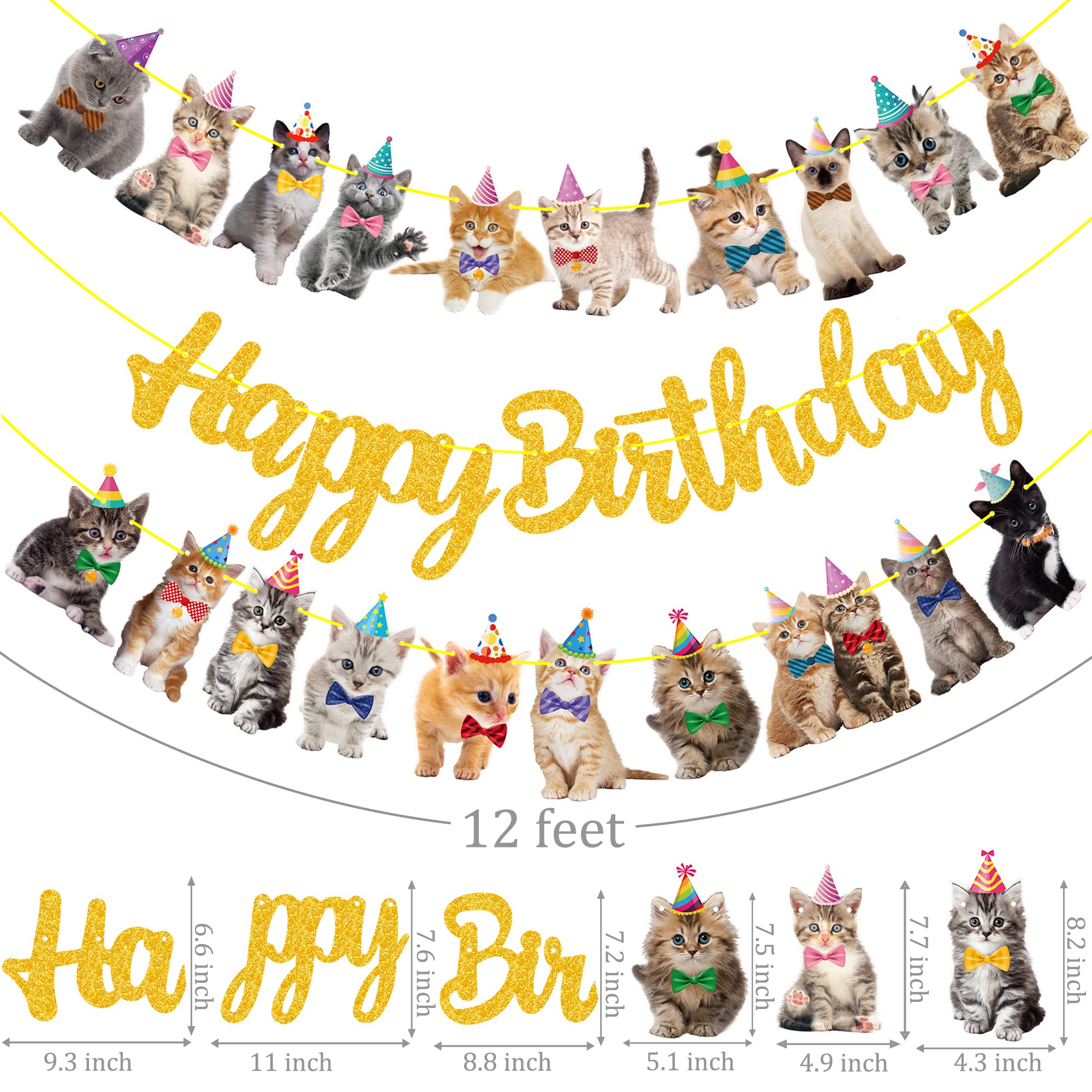 Cat Birthday Banner Decorations Kitten Birthday Party Decorations Supplies Gold Glitter Cat Happy Birthday Banner Decorations for Pet Kitten Theme Birthday Party Bunting Decorations Supplies