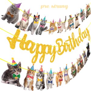 Cat Birthday Banner Decorations Kitten Birthday Party Decorations Supplies Gold Glitter Cat Happy Birthday Banner Decorations for Pet Kitten Theme Birthday Party Bunting Decorations Supplies