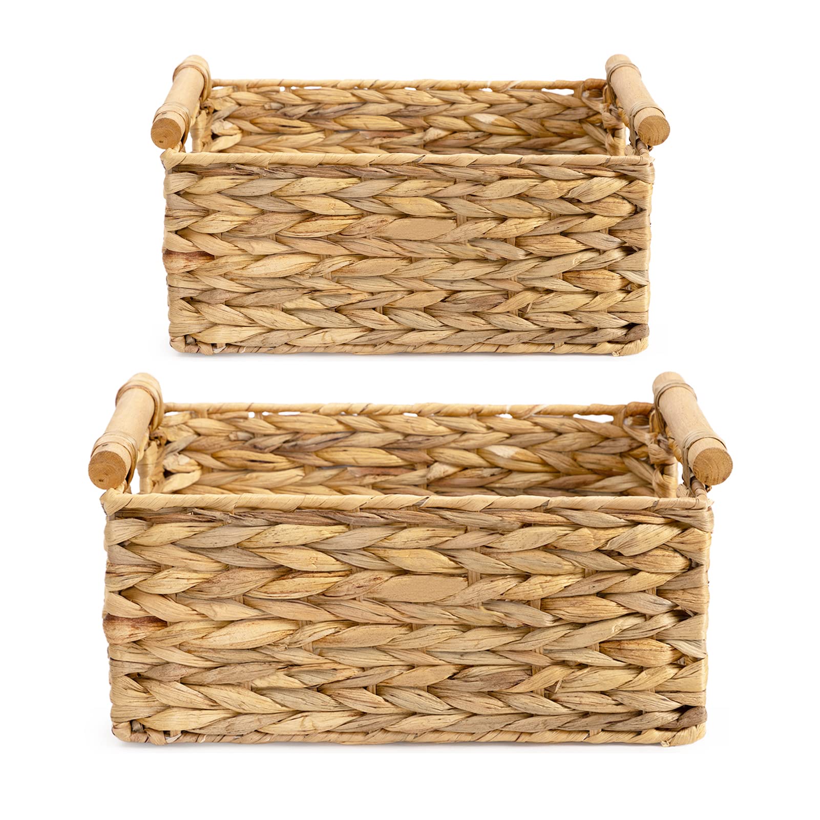 LOHASBEE Wicker Baskets with Handles, Hand Woven Storage Baskets Natural Water Hyacinth Rectangular Large Basket for Organizing Shelves, 2 Packs