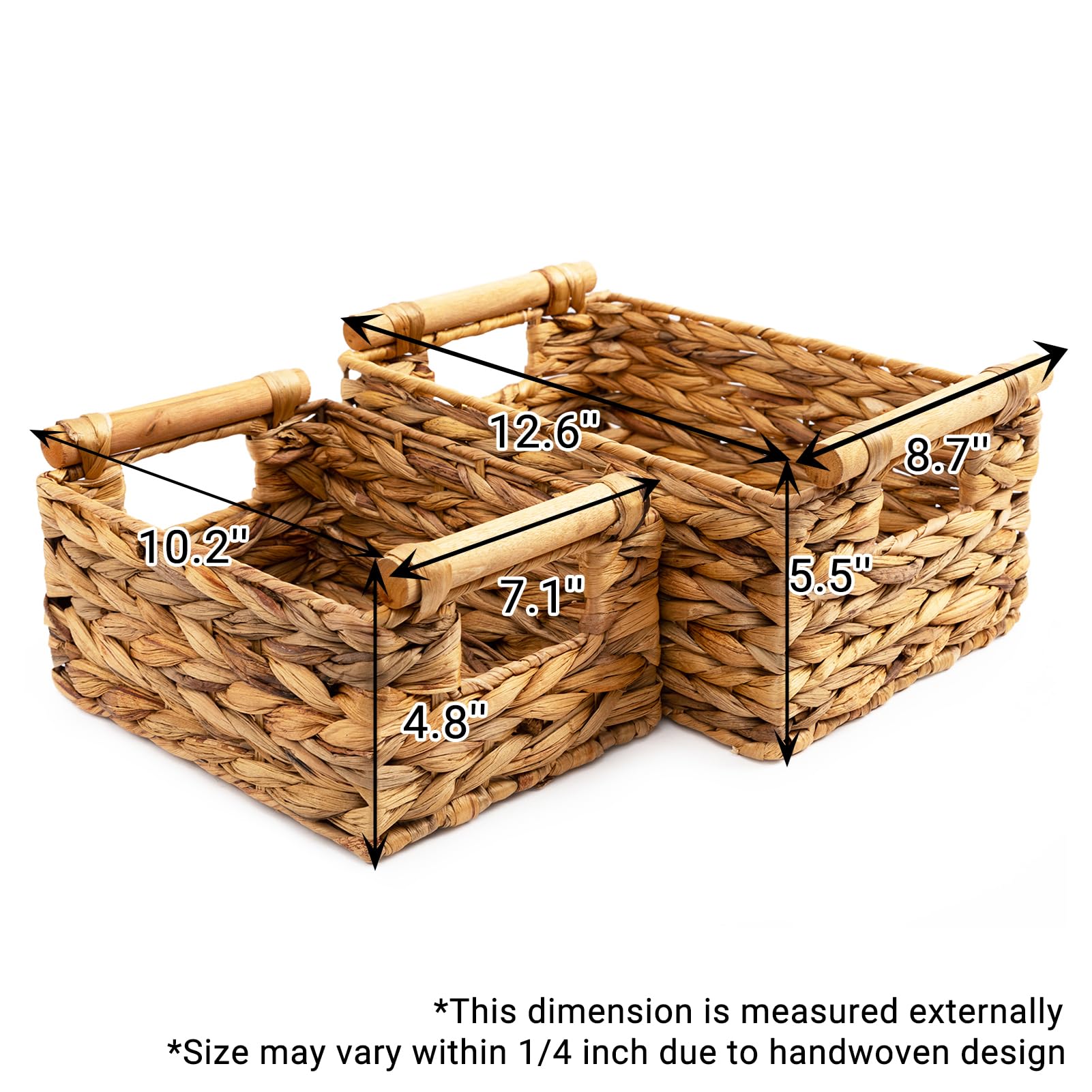 LOHASBEE Wicker Baskets with Handles, Hand Woven Storage Baskets Natural Water Hyacinth Rectangular Large Basket for Organizing Shelves, 2 Packs