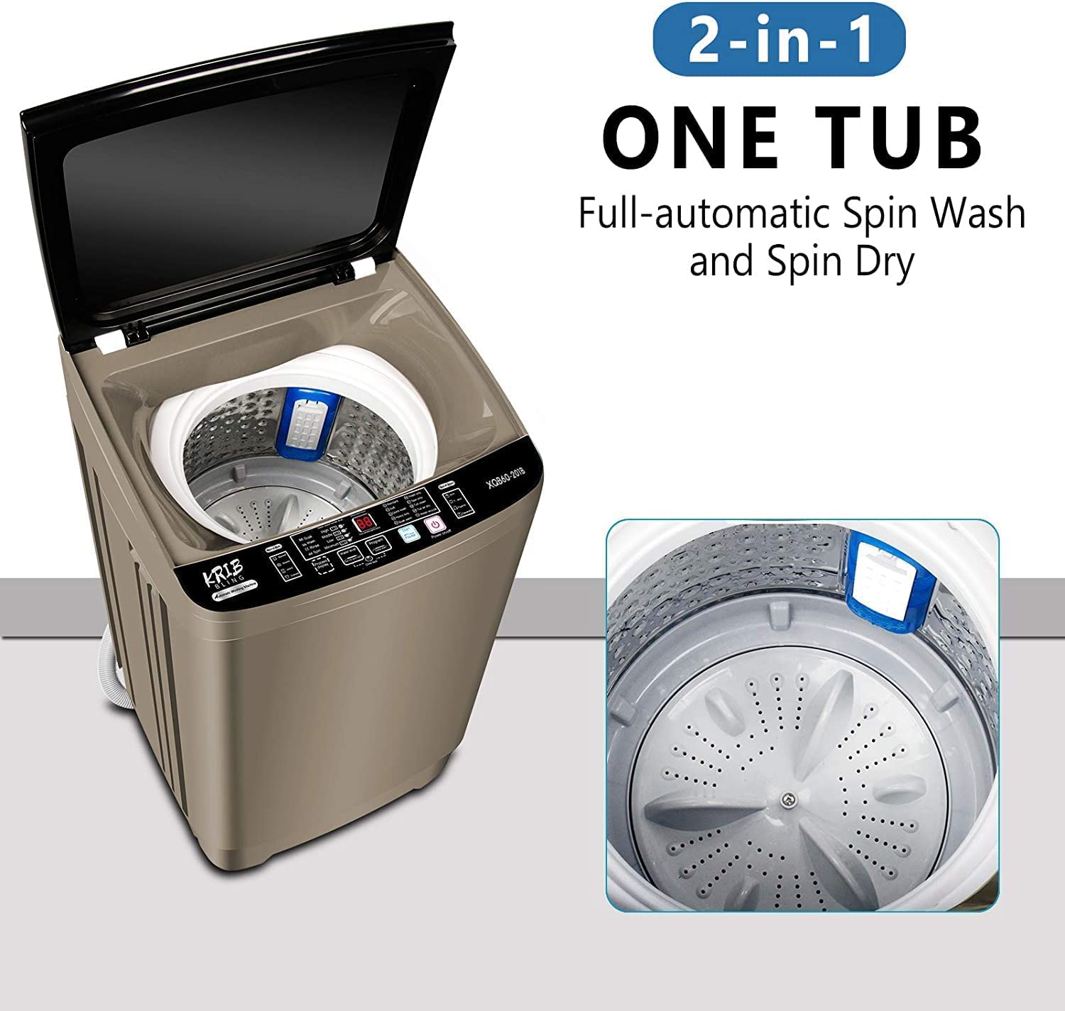 KRIB BLING Portable Full Automatic Washing Machine 17.7 lbs Compact Washing Machine with LED Display, Drain Dump, 10 Wash Programs and 8 Water Levels Ideal for Dorms, Apartments, RV, Gold