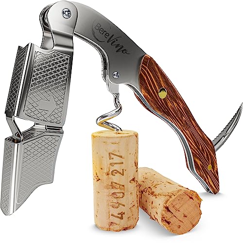 Bere Vino Stainless Steel Wine Opener - Professional Corkscrews for Wine Bottles w/Foil Cutter and Cap Remover - Manual Wine Key for Servers, Waiters, Bartenders and Home Use - Classic Rosewood