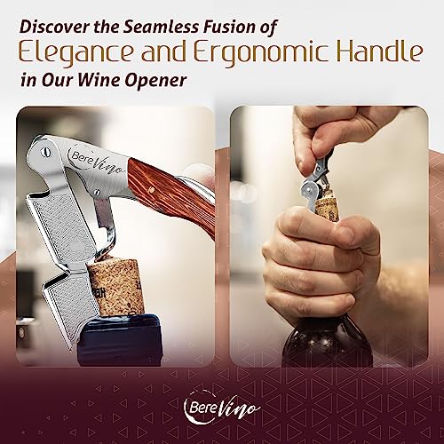 Bere Vino Stainless Steel Wine Opener - Professional Corkscrews for Wine Bottles w/Foil Cutter and Cap Remover - Manual Wine Key for Servers, Waiters, Bartenders and Home Use - Classic Rosewood