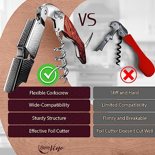 Bere Vino Stainless Steel Wine Opener - Professional Corkscrews for Wine Bottles w/Foil Cutter and Cap Remover - Manual Wine Key for Servers, Waiters, Bartenders and Home Use - Classic Rosewood